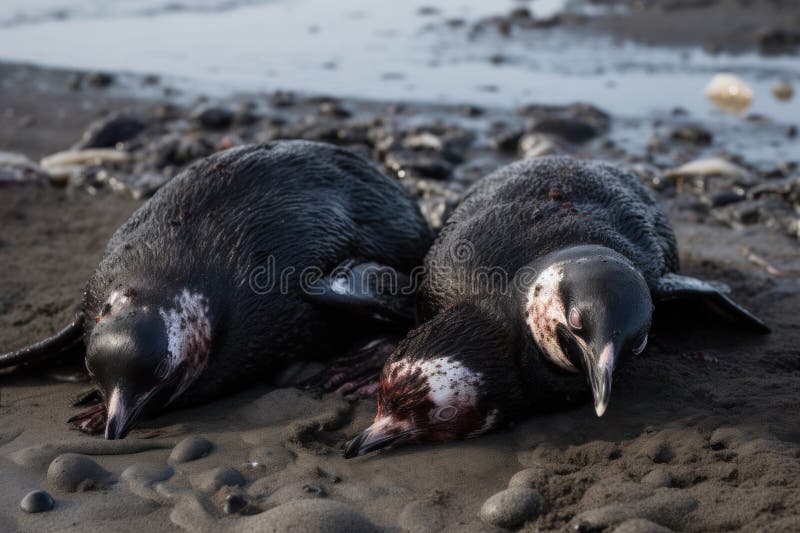 Dying Penguins Whose Wings are Smeared in Fuel Oil on the Seashore ...