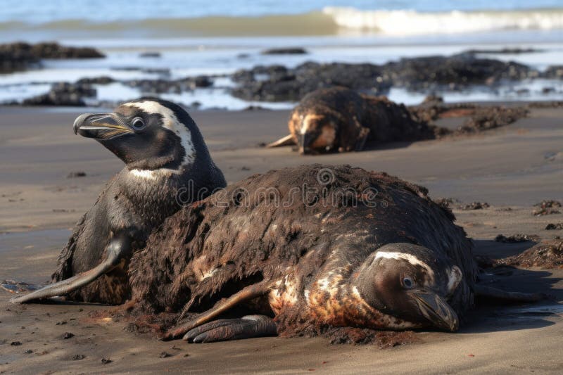 Dying Penguins Whose Wings are Smeared in Fuel Oil on the Seashore ...