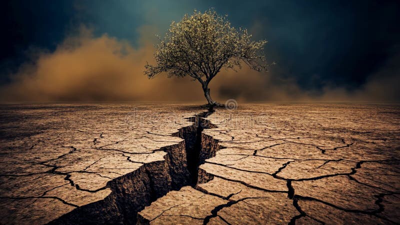Dying Tree Split by a Cracked Earth, Surrounded by Dried Soil and ...