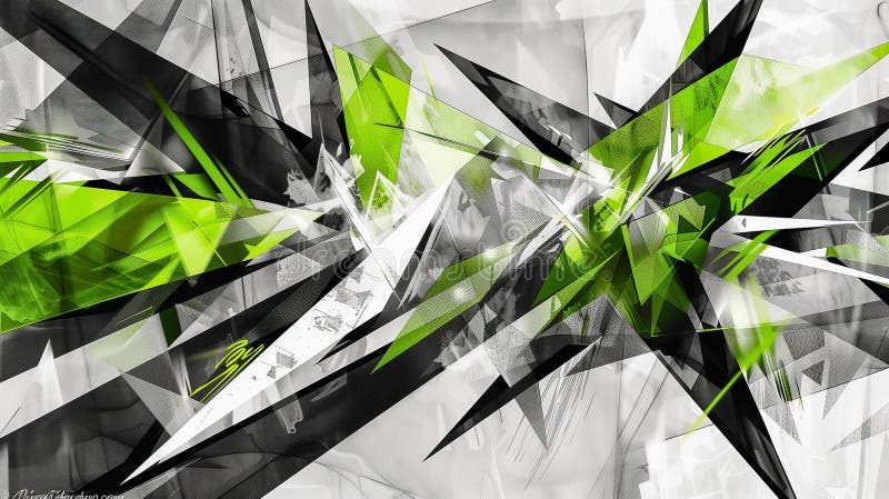 Dynamic Abstract Art with Green, Black, and White Angular Shapes Stock ...