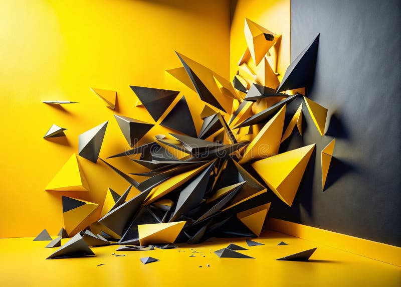 Dynamic Abstract Artwork Exploding Yellow and Black Geometric Shapes in ...