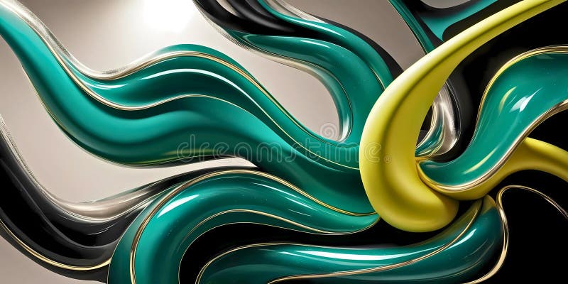 Dynamic Abstract Artwork of Glossy Teal, Yellow, and Black Liquid-like ...