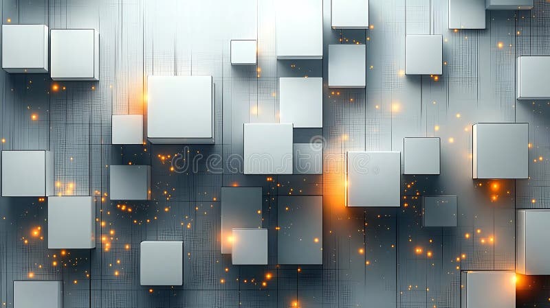 Abstract Background with Floating White Cubes and Glowing Particles ...