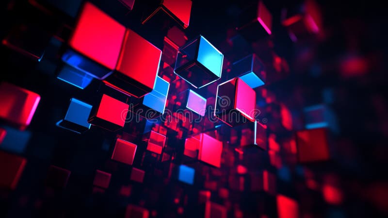 Dynamic Abstract Composition of Radiant Red and Blue Squares Floating ...