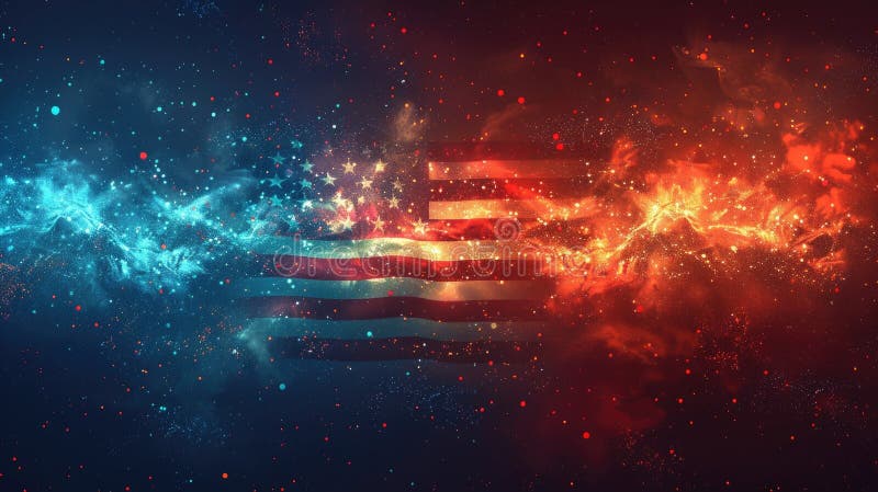 Dynamic Abstract Depiction of the American Flag Split into Fiery and ...