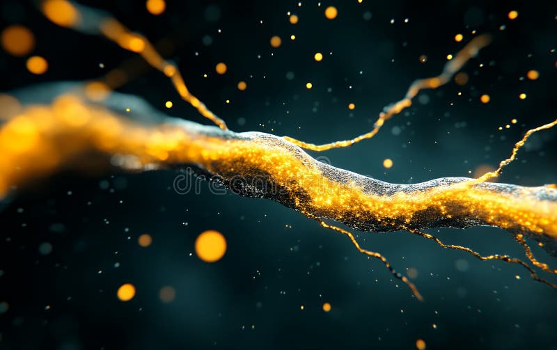 Dynamic Abstract Energy Flow with Glowing Golden Particles on a Dark ...