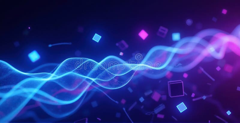 Dynamic Abstract Energy Waves at Night Digital Cubes and Neon Lines ...