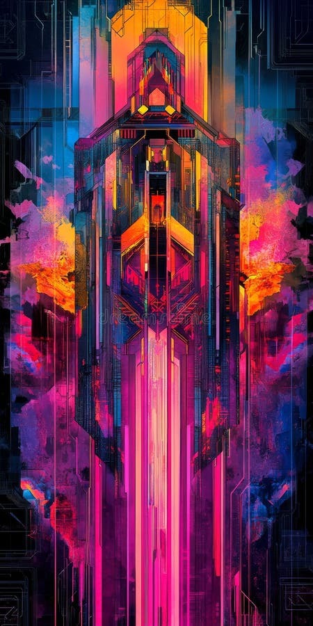 Dynamic Abstract Portrayal of a Synthwave Skyscraper Stock Illustration ...