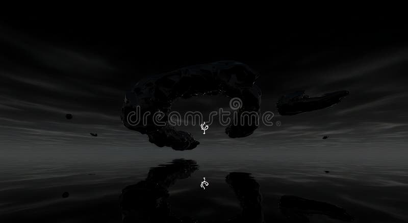 Dynamic Abstract Sculpture in Black and Silver Floating Above Calm ...