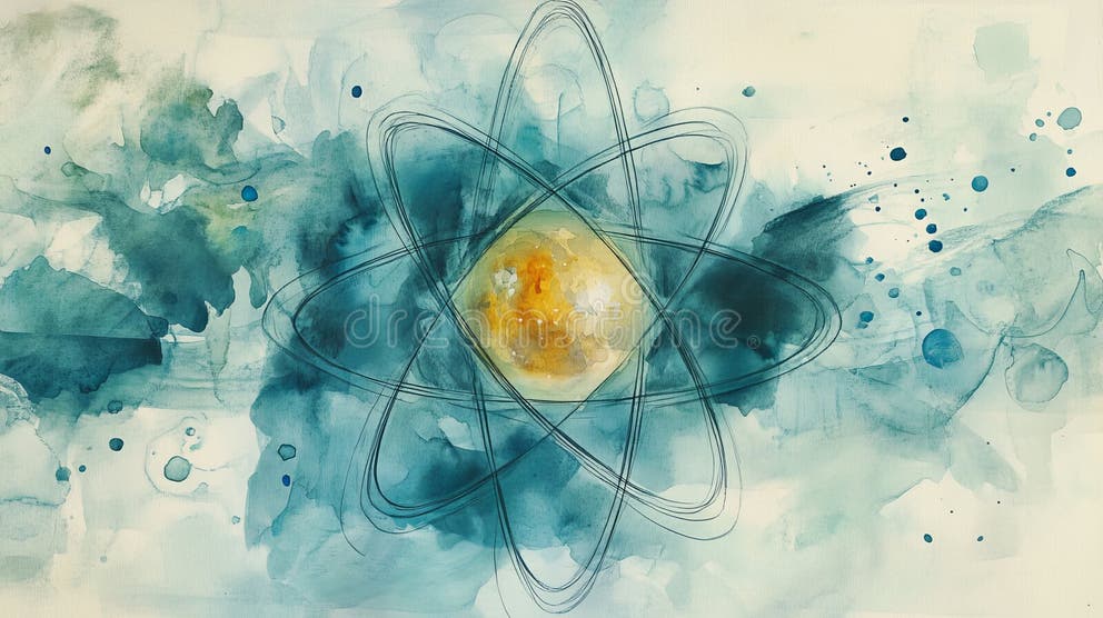 Dynamic Abstract Watercolor Illustration of an Atom with Orbiting ...