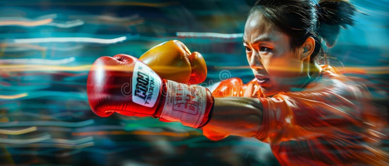 Dynamic Action of a Flyweight Chinese Female Boxer Delivering a ...