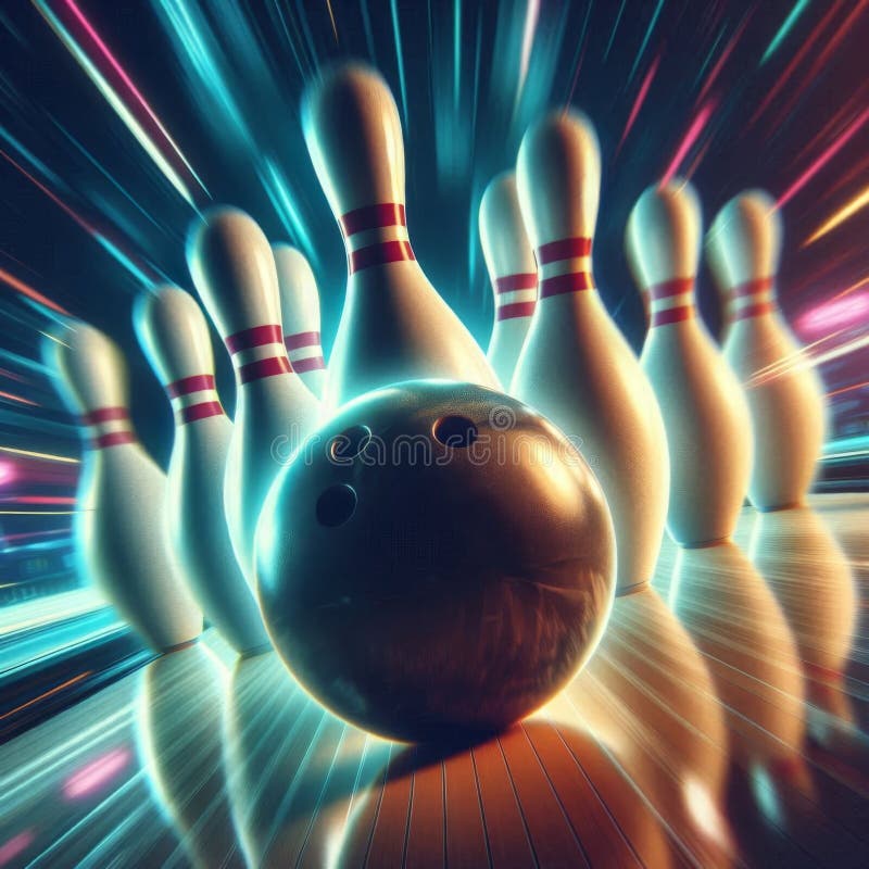 Dynamic Action Shot of Bowling Ball Hitting Pins with Motion Blur Stock ...