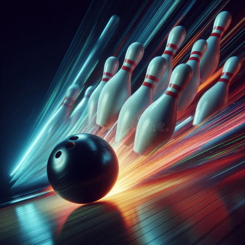 Dynamic Action Shot of Bowling Ball Hitting Pins with Motion Blur Stock ...