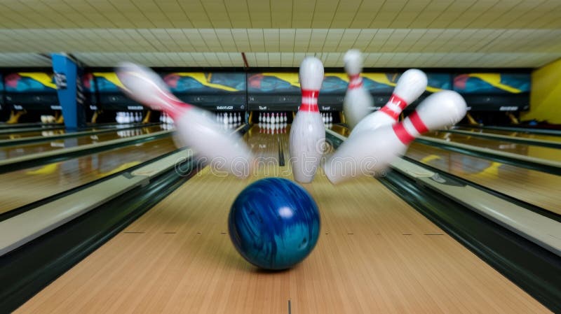 Dynamic Action Shot of Bowling Ball Hitting Pins with Motion Blur Stock ...