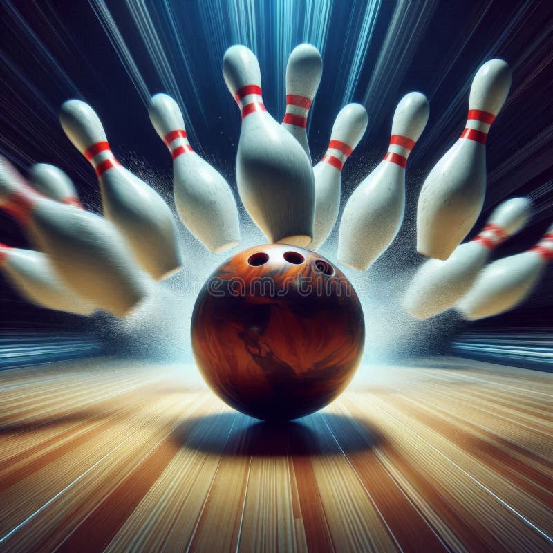 Dynamic Action Shot of Bowling Ball Hitting Pins with Motion Blur Stock ...