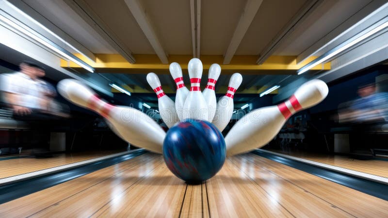 Dynamic Action Shot of Bowling Ball Hitting Pins with Motion Blur Stock ...