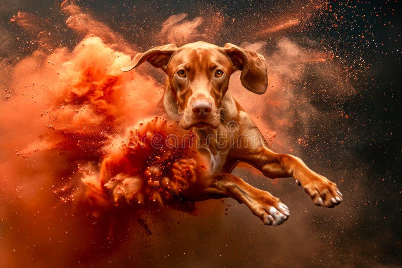 Dynamic Action Shot of a Brown Dog Mid Leap with a Vivid Orange Dust ...
