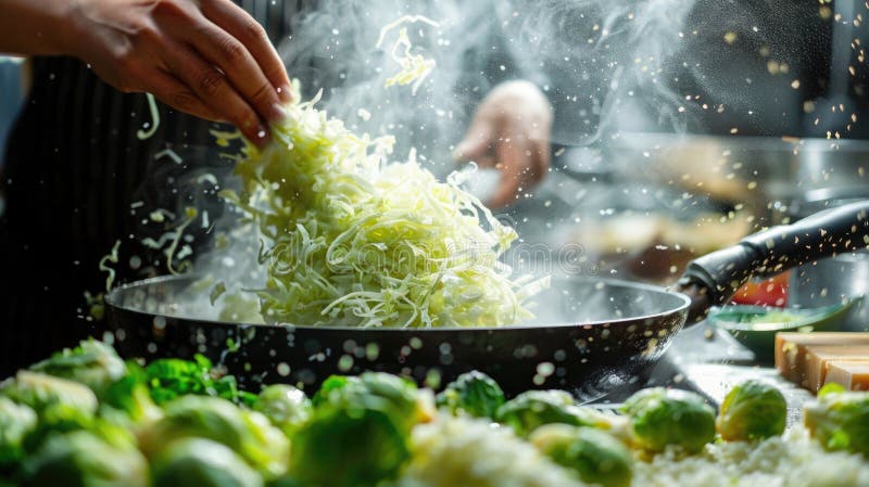 Dynamic Action Shot of a Chef Tossing Shredded Brussels Sprouts and ...