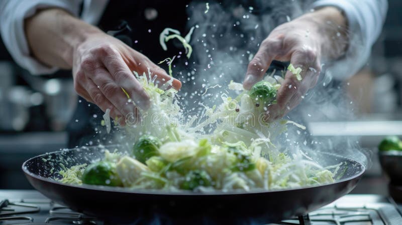 Dynamic Action Shot of a Chef Tossing Shredded Brussels Sprouts and ...
