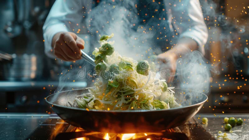 Dynamic Action Shot of a Chef Tossing Shredded Brussels Sprouts and ...