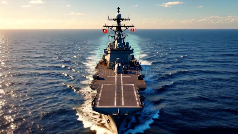 Aerial Head-on Shot of a Modern Grey Naval Destroyer with a Flight Deck ...