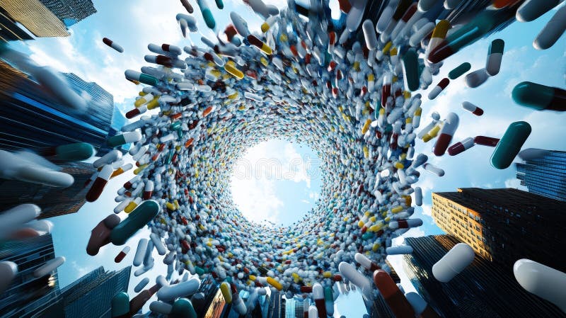 A Dynamic Aerial View of Colorful Capsules Forming a Spiral, Creating a ...