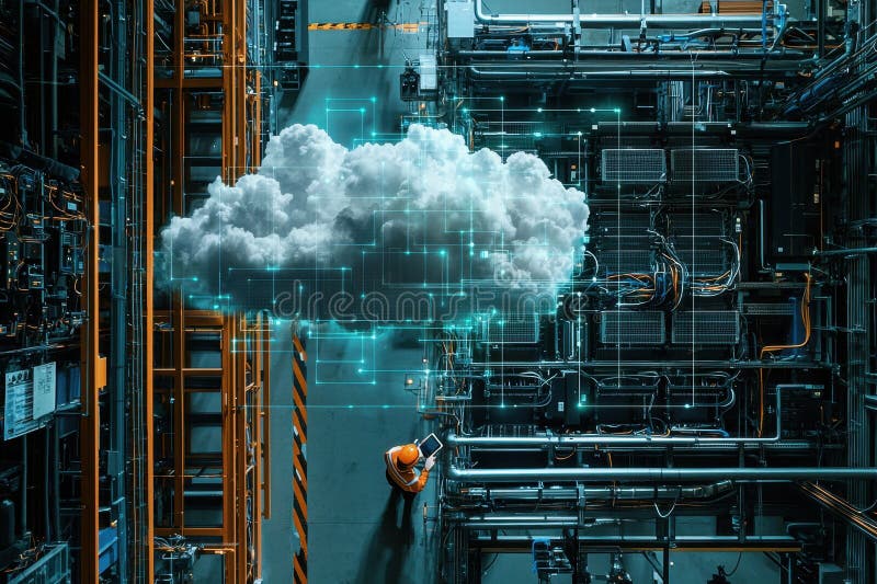 Aerial View of Person Using Mobile Device in Industrial Environment ...