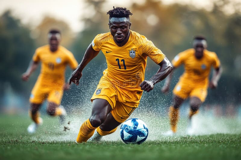 Dynamic African Soccer Player in Yellow Jersey Showcased from Multiple ...