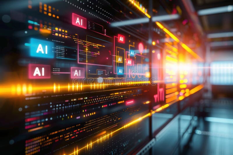 Dynamic AI Technology with Vibrant Digital Interfaces and Neon Lit Data ...