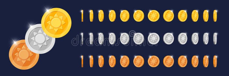 Dynamic Animation Gold, Silver, Bronze Coins Turning in Various ...