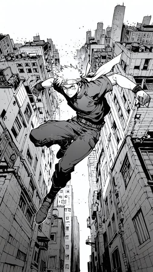 Dynamic Anime Ninja Leaping between Buildings with Stars and Cityscape ...