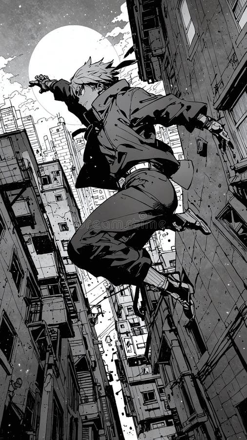 Dynamic Anime Ninja Leaping between Buildings with Stars and Cityscape ...