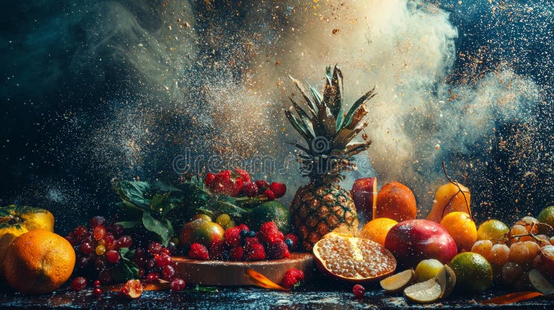 Explosion of Tropical Fruits with Creative Lighting and Particles Stock ...
