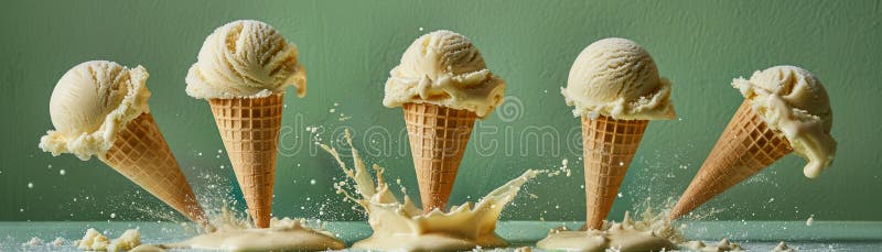 Dynamic Array of Vanilla Ice Cream Cones with Splashing Milk on a Green ...