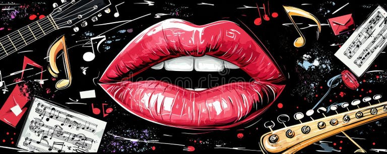 Vibrant Collage of Lips and Musical Instruments with Colorful Notes ...