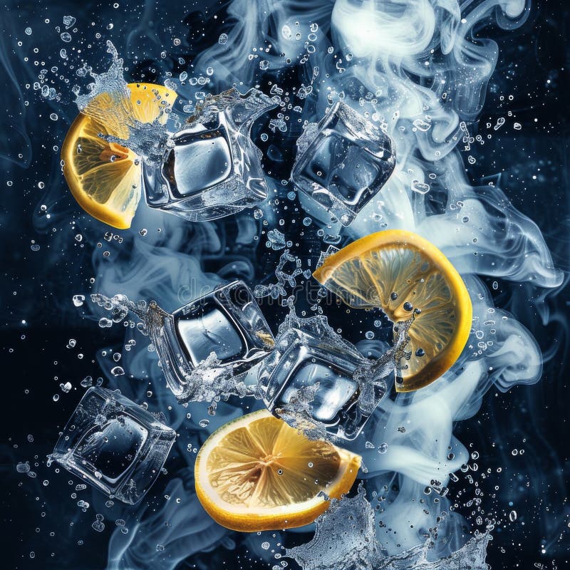 Dynamic Artistic Design with Ice Cubes and Lemon Slices in Smoke Stock ...