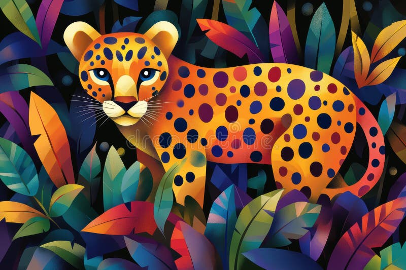 Stylized Illustration of a Leopard Surrounded by Colorful Tropical ...