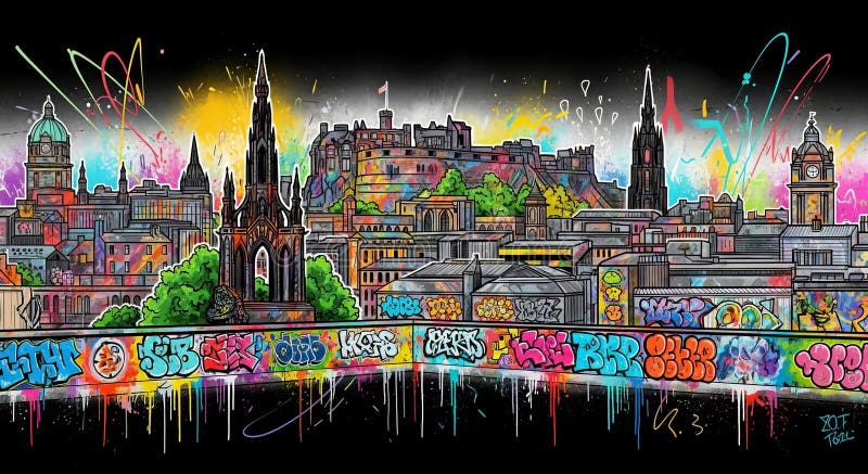 Colorful Edinburgh Skyline Graffiti Art: Vibrant Cityscape with ...