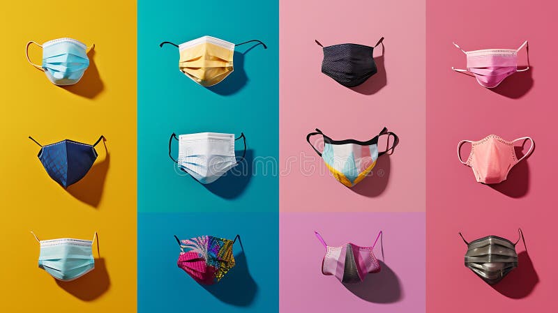 A Vibrant Collection of Face Masks on a Solid Color Background Stock ...