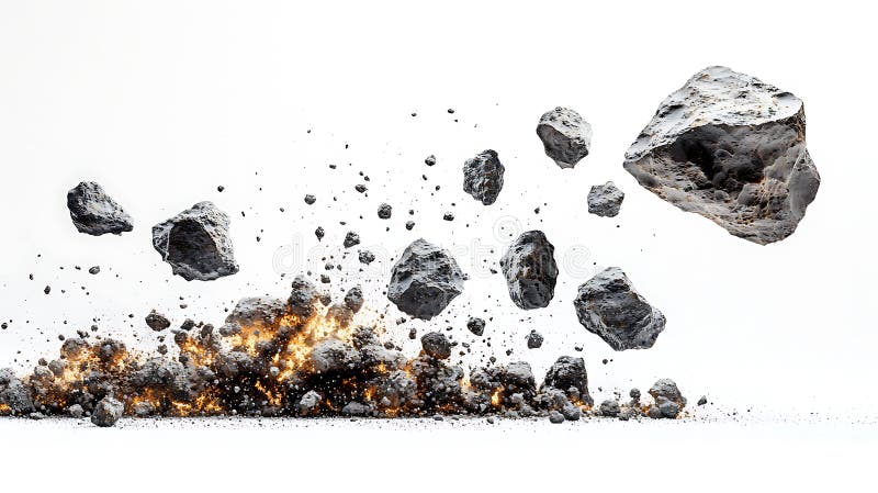 Dynamic Asteroid Impact on White Background with Flying Rock Fragments ...