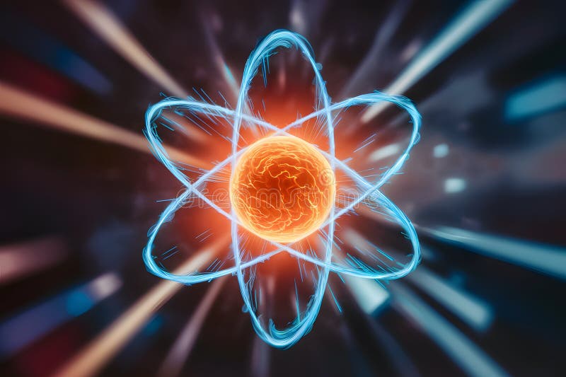 Dynamic Atomic Structure Pulsating In Orange And Blue Against Blurred