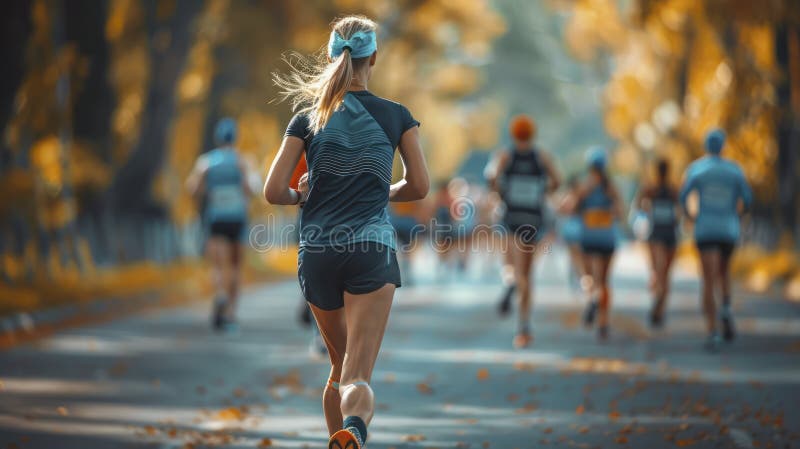 The Dynamic Back View of Female Runners Propelling Forward in a ...