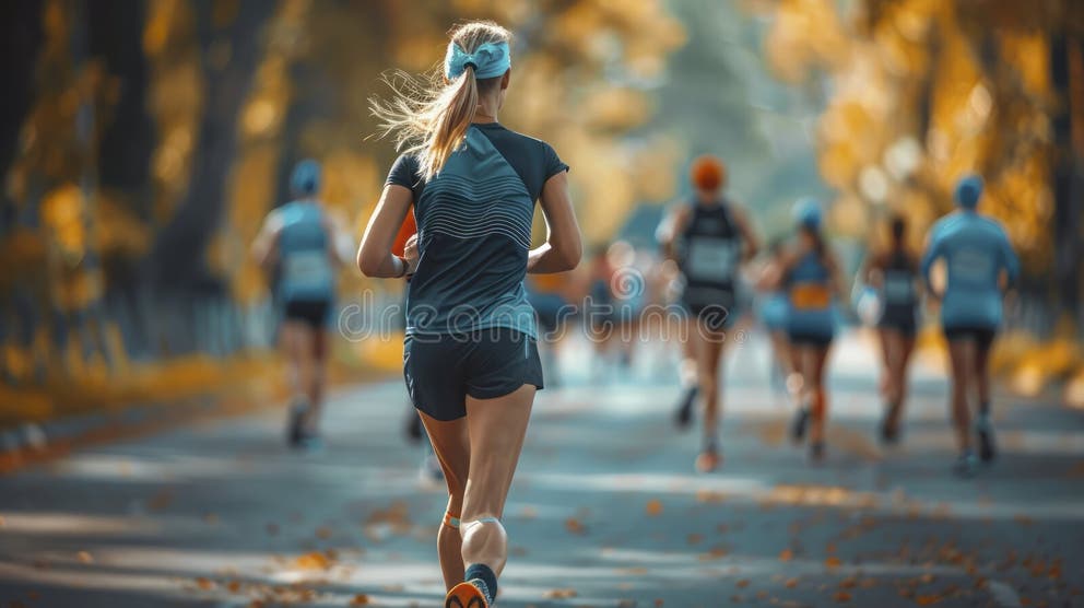The Dynamic Back View of Female Runners Propelling Forward in a ...