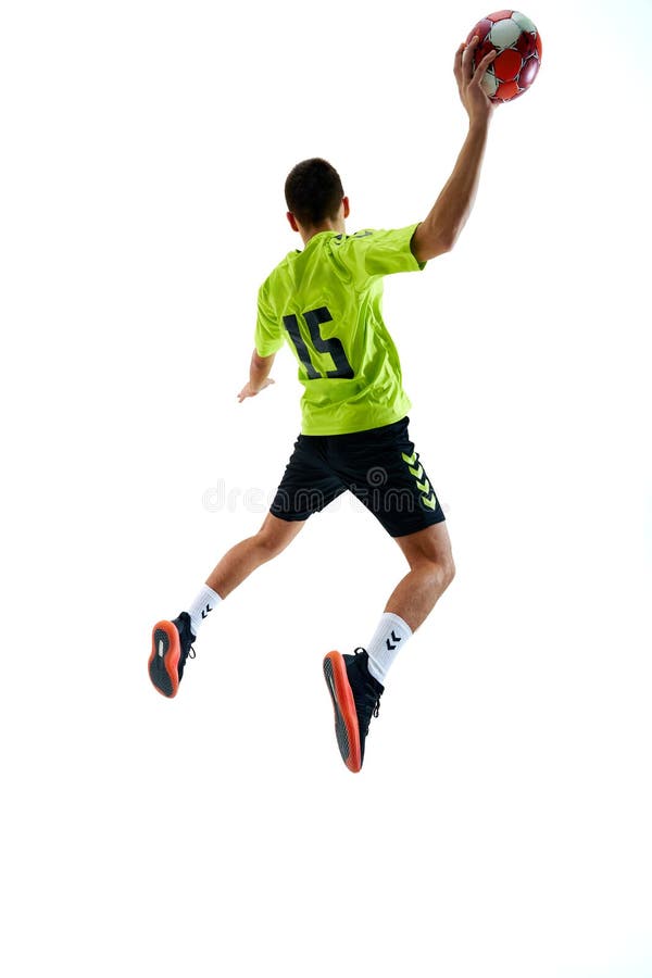 Dynamic Back View Image of Young Guy in Uniform Handball Playing in ...