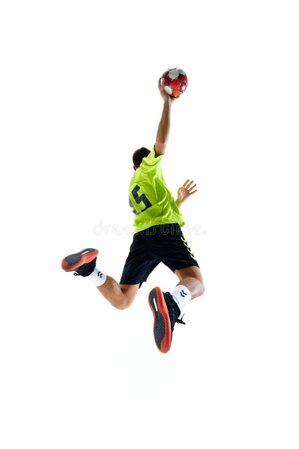 Dynamic Back View Image of Young Guy in Uniform Handball Playing in ...
