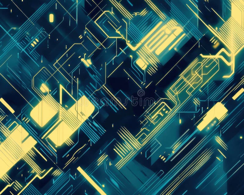 Flat Cybernetic Design with Yellow and Blue Lines on a Vibrant Backdrop ...