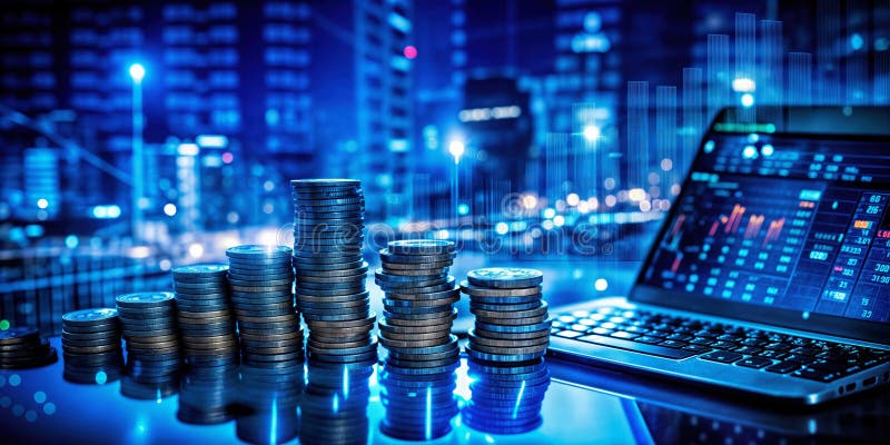 Dynamic Backdrop Featuring Stacked Coins and a Laptop Displaying ...
