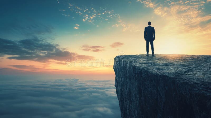 Dynamic Background Featuring Businessman Standing Edge Cliff Looking ...