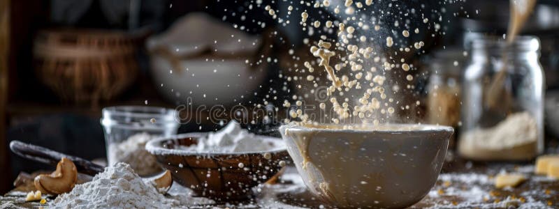Dynamic Baking Scene with Flour and Dough in Motion Stock Image - Image ...