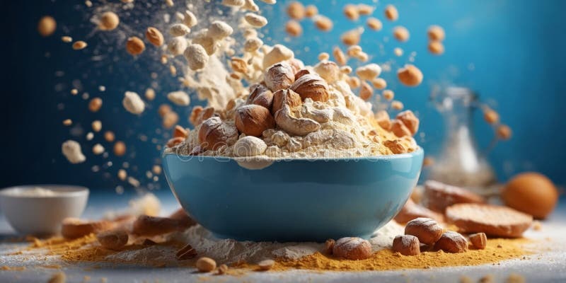 Dynamic Baking Scene with Flour and Ingredients in Motion. Stock ...